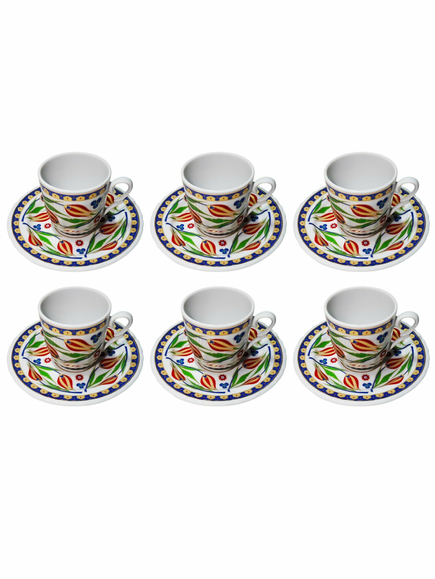 Турецкий кофейный сервиз, "Gural Porselen", Lale Desenli (тюльпаны), набор для кофе на 6 персон из 12 предметов, 80мл. Турция