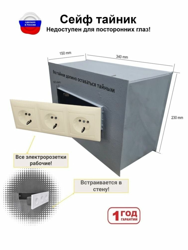 Скрытый сейф-тайник для денег и документов с блоком рабочих розеток Legrand. Встраиваемый в стену на глубину 15 см.