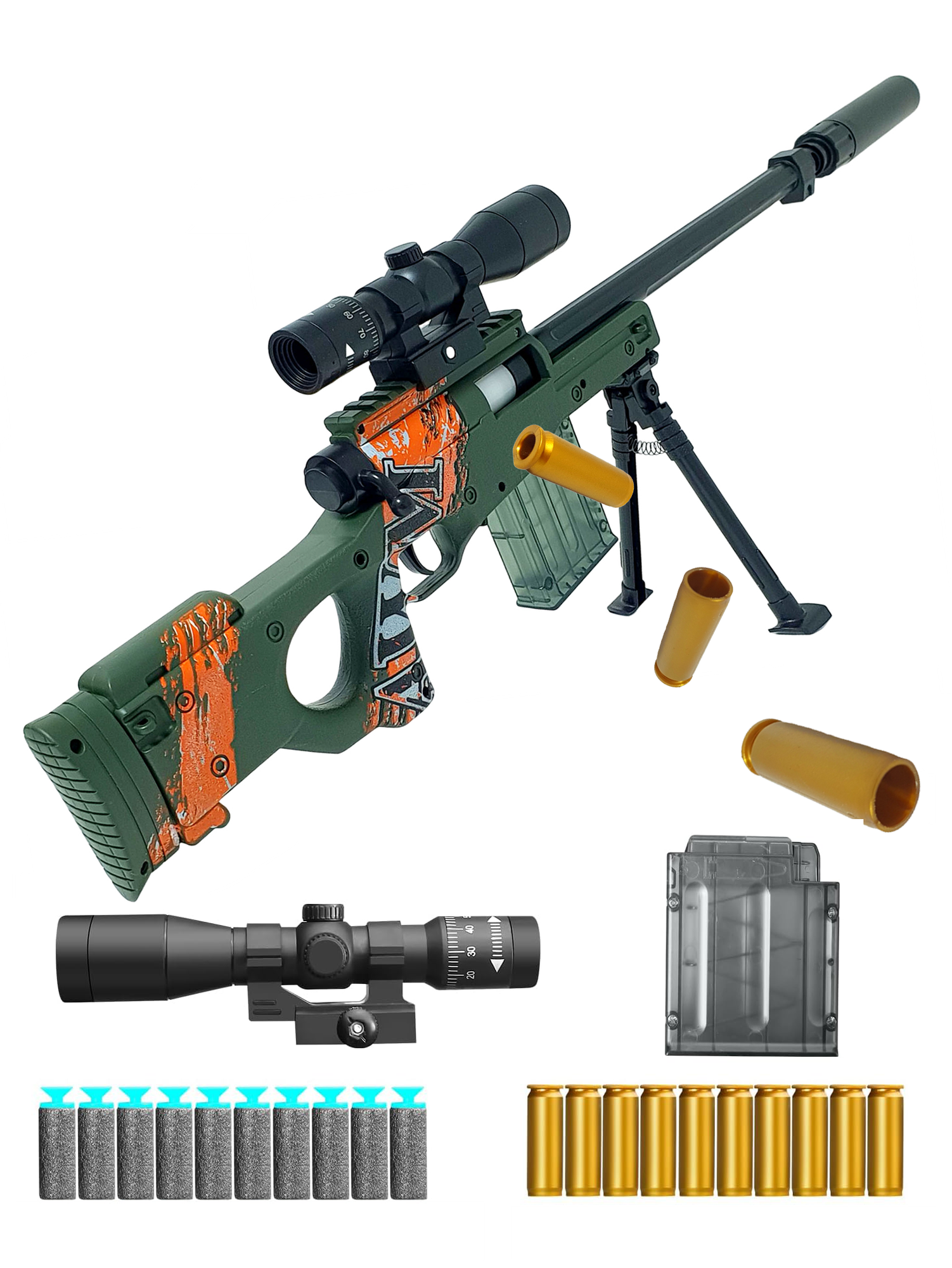 Игрушечная винтовка с мягкими пулями - AWP, 80 см, с оптическим прицелом и выбросом гильз