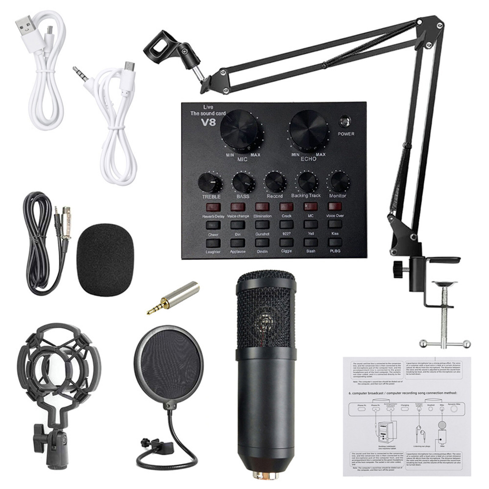 Live Sound Card Microphone Set Voice Changer USB Audio Interface для живых трансляций, черный микрофон, черная звуковая карта, диапазон частот 30Hz-15KHz, напряжение 5V DC, длина кабеля 2m, размер микрофона 145*53mm, размер звуковой карты 125*105*28mm, в