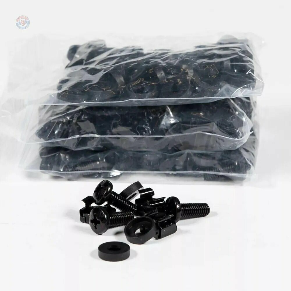 Крепежный комплект М6 для стоечного оборудования, 50 комплектов: болт, гайка, шайба, черный, углеродистая сталь, набор для серверной стойки и техники