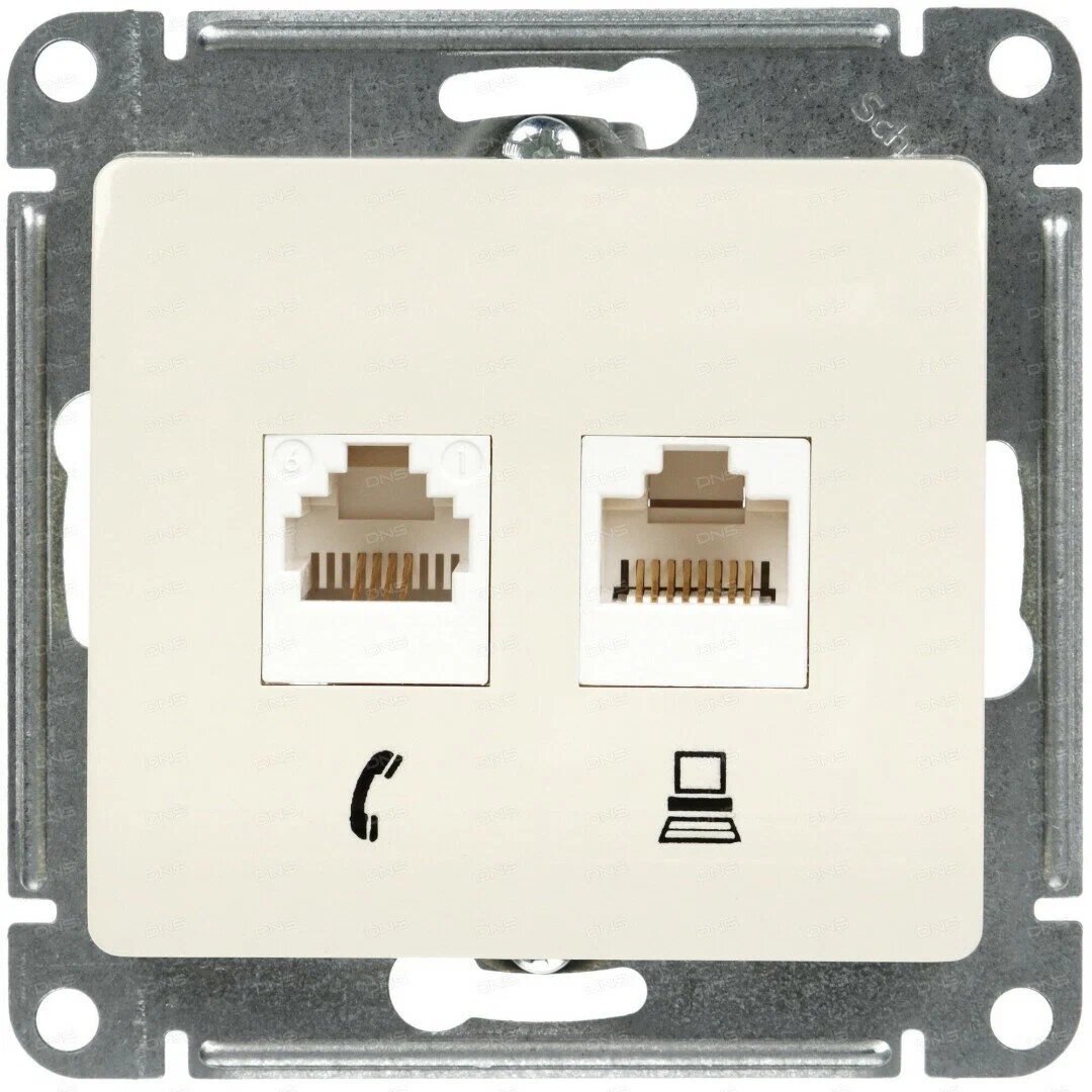 Розетка компьютерная + телефонная двойная бежевая RJ45 + RJ11 кат.5E Glossa SE GSL000285
