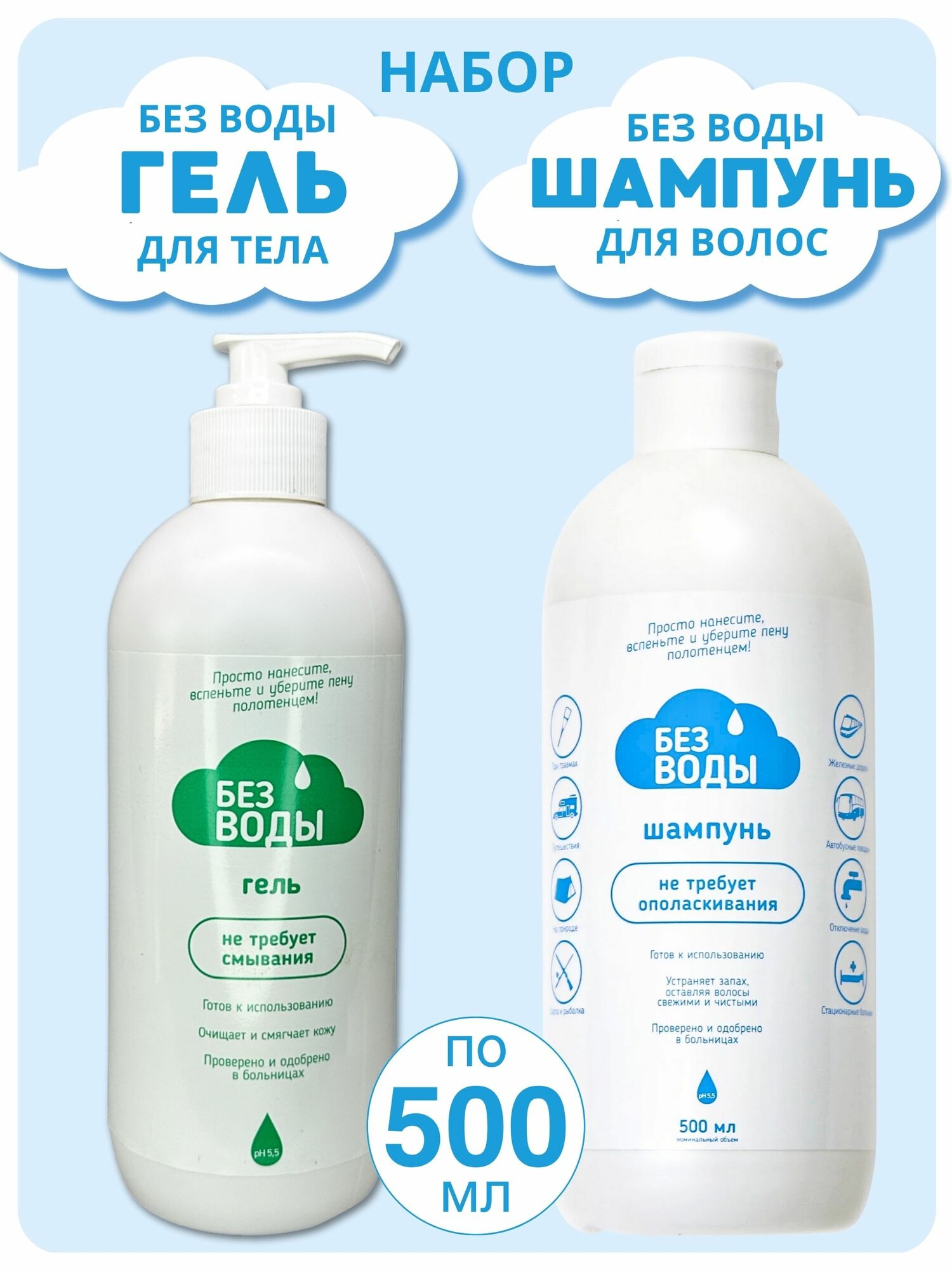 Комплект гель для тела + шампунь для мытья волос «без воды» 500 мл