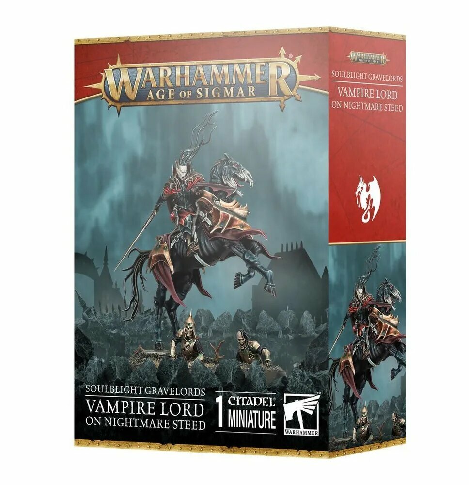 Warhammer Age of Sigmar миниатюры Soulblight Gravelords: Vampire Lord on Nightmare Steed (вампир лорд на коне), пластик, 28 мм, для покраски