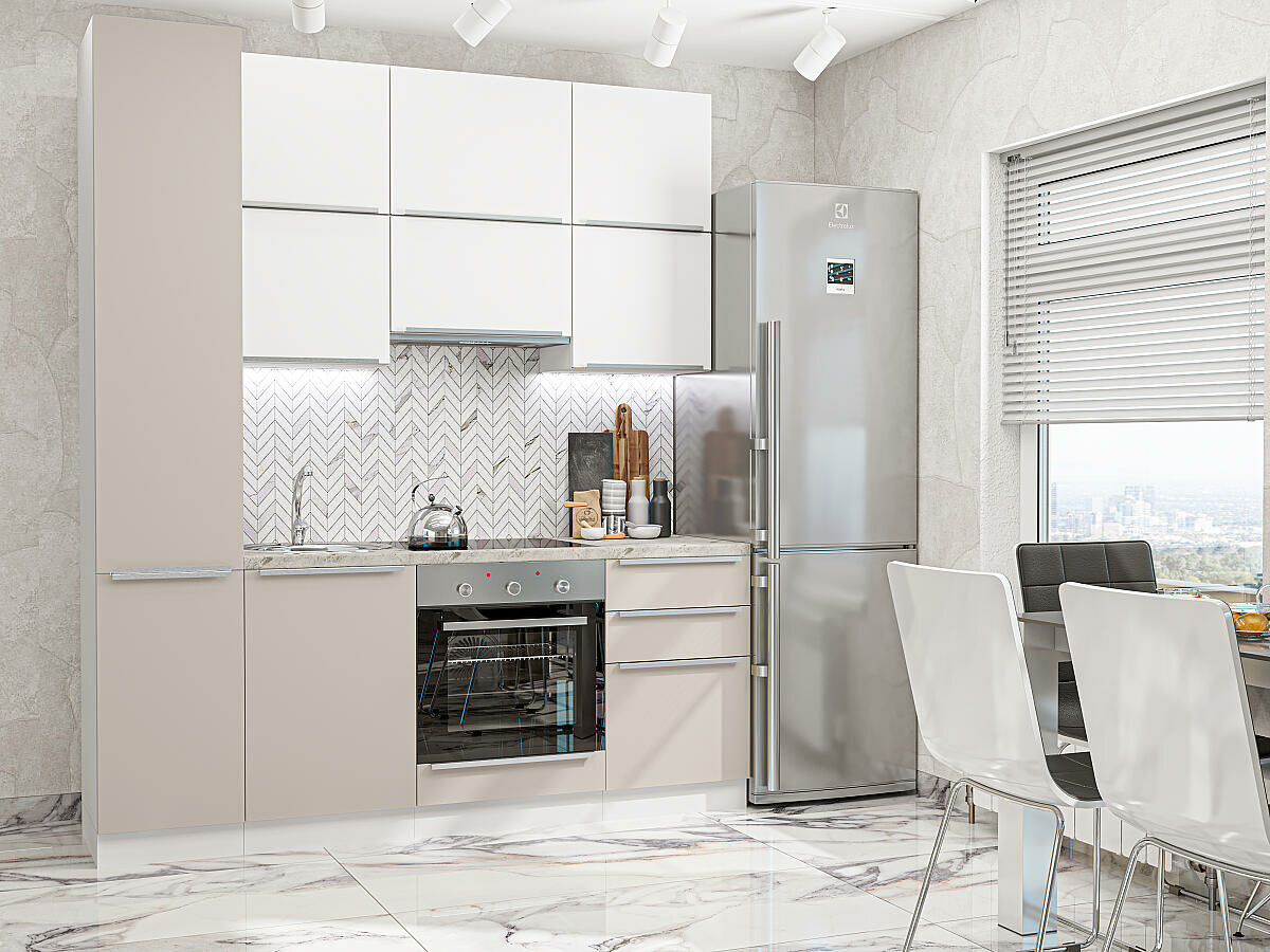 Кухня 2 метра Фьюжн-06, Готовый кухонный гарнитур со столешницей Silky White, Clay Silk, 234 см х 200 см х 60 см