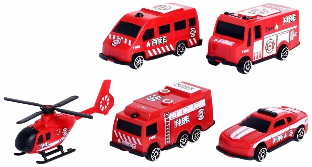 Набор машинок "Пожарная служба" для сюжетно-ролевых игр дома и в песочнице, игровой набор с автомобилями и вертолетом для детей, юный пожарный, 5 игрушек