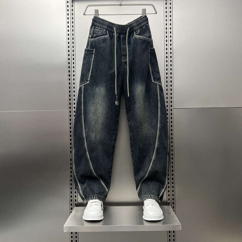 MON Мужские Джинсы Серые Корейский Стиль Слим Эластичные Лето Деним, Размер_L