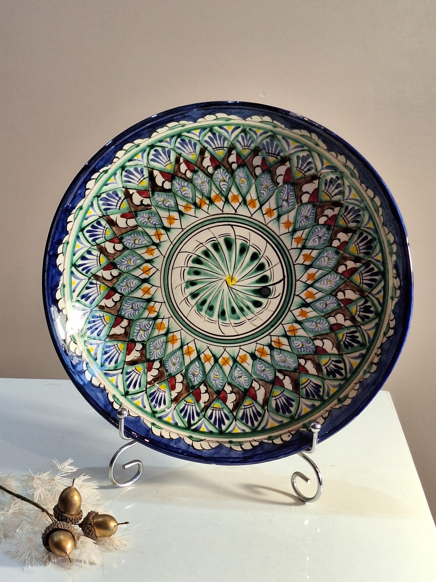 Ляган Мехроб ерамическое блюдо из керамики винтажное синий 25 см.