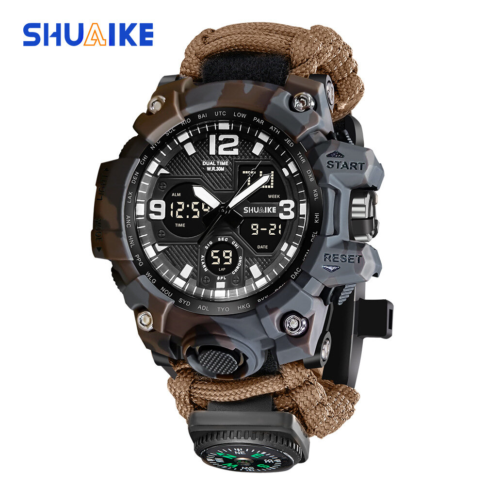 Электронные часы с двойным дисплеем, свисток, огниво, компас, термометр для мужчин, наручные часы для активного отдыха, в наличии, оптовая продажа