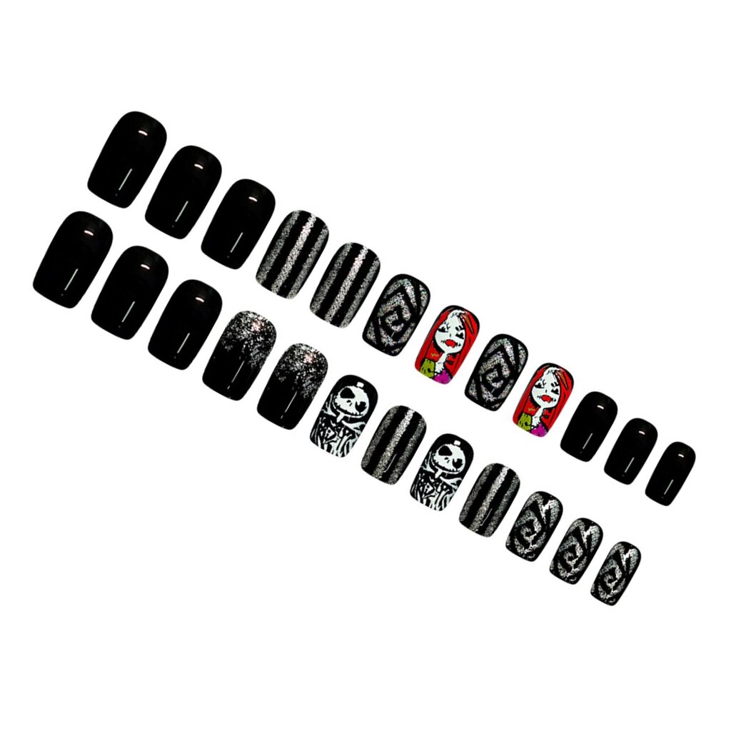 Halloween Black Striped Glitters Devil Face Press On Nail Plastic Reusable Fake Nail For Women Party Costume Accessories