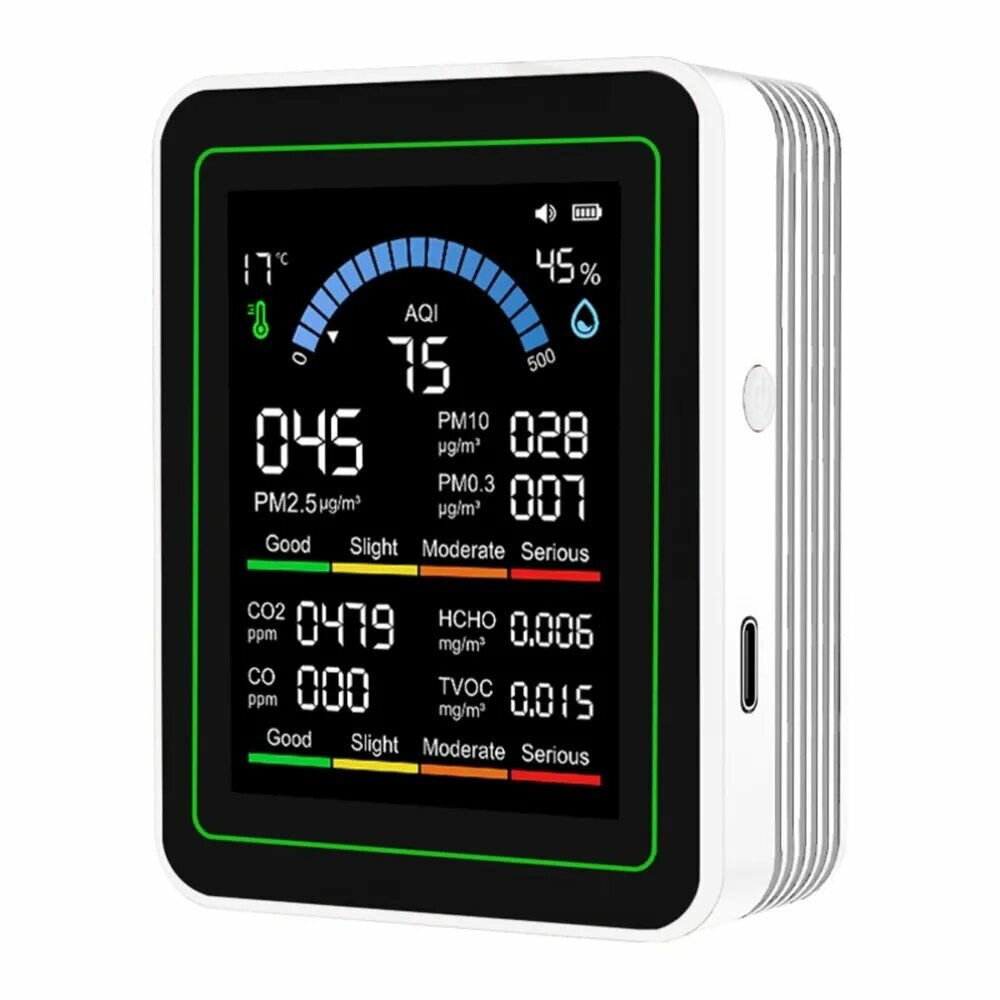 Тестер качества воздуxа 10 в 1 с цветным дисплеем TFT 2.8 дюйма PM0.3 HCHO TVOC CO индекса AQI
