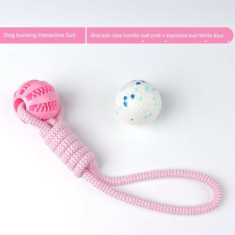 Собачья игрушка-мячик с капроновой веревкой + бouncy мячик, набор розовый и бело-голубой