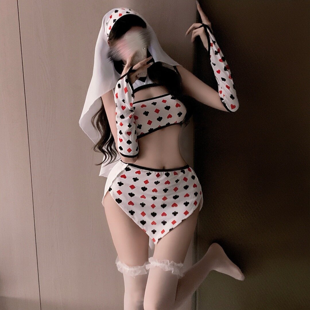 Комплект одежды: Милый и игривый комплект для ролевых игр в форме горничной, сексуальное нижнее белье, бюстгальтер монахини. A-8113 Платок на голову + Топ + Юбка + Футболка + Защитные рукава *2