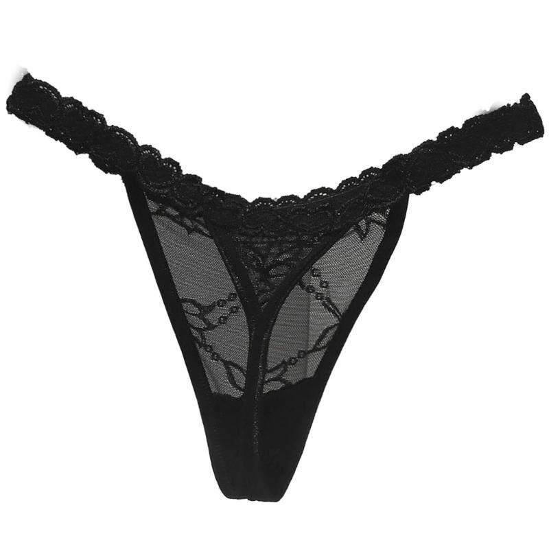 Кружевные стринги с цветочным узором, Черный - XL