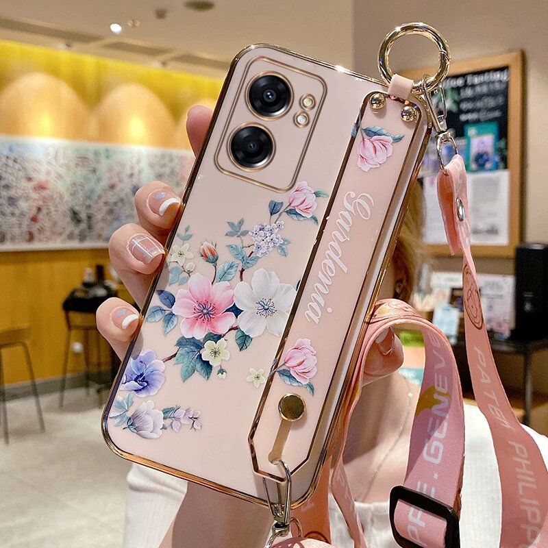 Силиконовый чехол для OPPO A57 5G с ремешком и закаленным стеклом, нежно-розовый цветочный дизайн