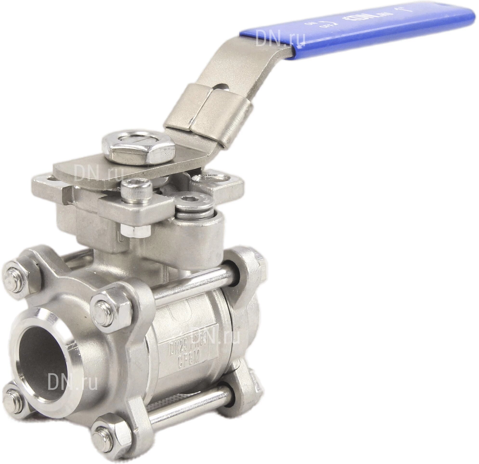 Кран шаровой DN.ru кшпп 316.200-ISO Ду100 Ру25 полнопроходной двухходовой, нержавеющая сталь SS316, под приварку, уплотнение - PTFE, с ISO фланцем и рукояткой, квадрат 17х17, F07/F10