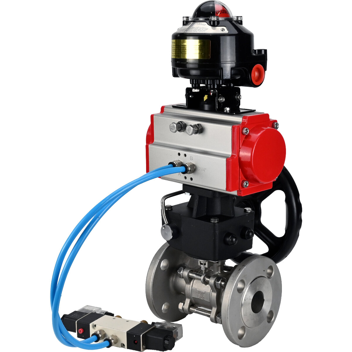 Кран шаровой DN.ru кшфпт.316.180 Ду100 Ру16 полнопроход. трехсоставной, фланц, нерж. сталь 316, PTFE, 22х22, F10, WDVF, с пн. приводом DN. ru DA-105, пн. распр. PND1-S2EM-52-2-T10-220VAC, БКВ LSB-510-02ExM12-250 и ручным дублером HDM-3 (опрессовано)