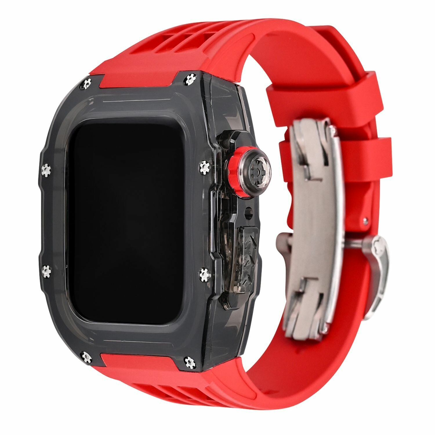 Модифицированный чехол Richard RM для Apple Watch Series 9 8 7 SE 6 5 4, PC корпус и ремешок с пряжкой-бабочкой из фторкаучука для Apple Watch 44/45 мм, Прозрачный черный корпус-красный ремешок