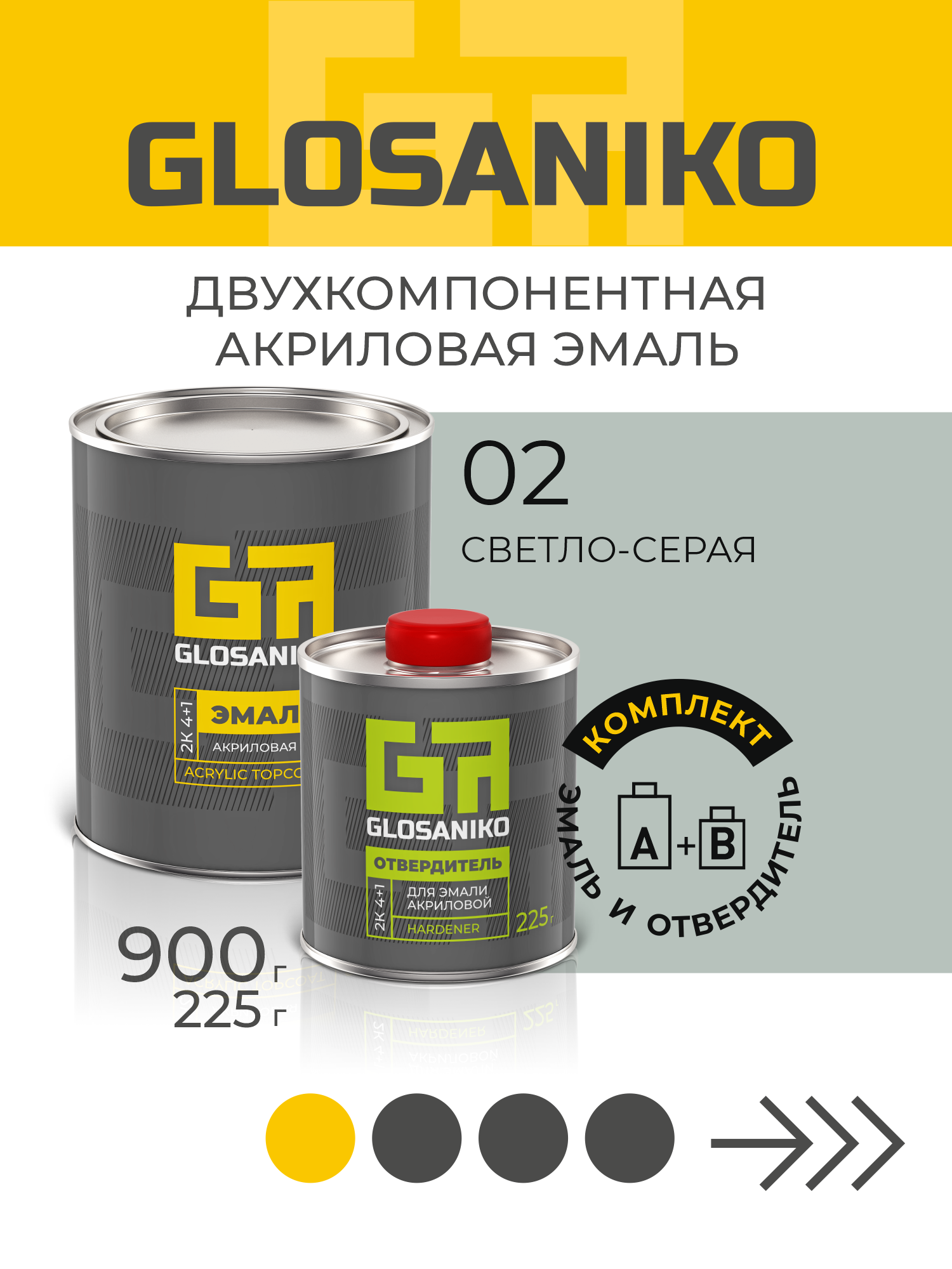 Светло-серая 02, комплект эмаль 0,9кг + отвердитель 0,225кг, Glosaniko Акриловая эмаль 2К 4:1
