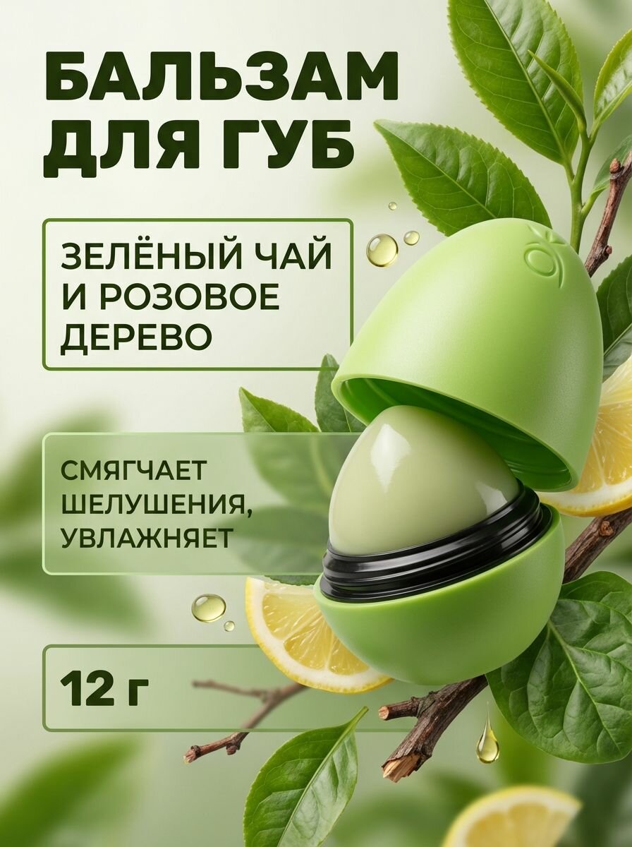 Бальзам для губ Зелёный чай и розовое дерево Organic с SPF7 против герпеса и воспалений, 12 г