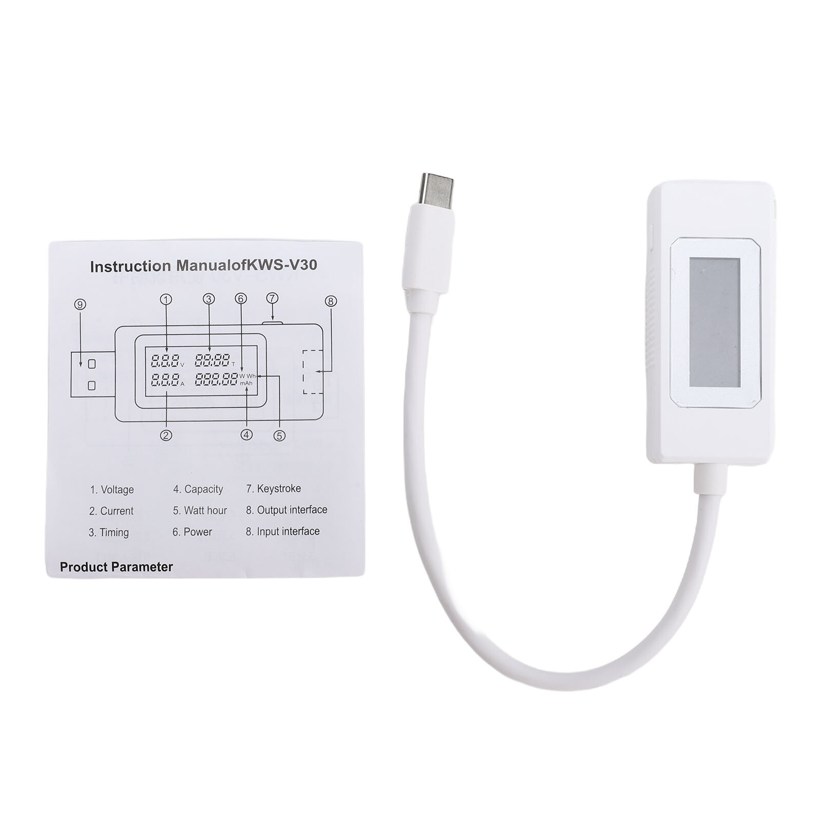 МногофункциональныйтестерUSB-Cсцветнымэкраном, измерительнапряжения, тока, мощностииемкости, белый.