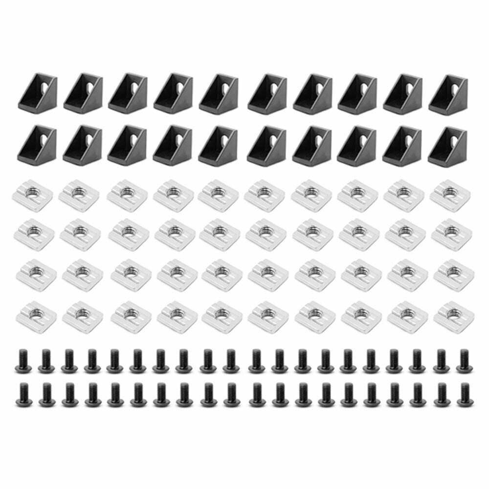 Набор соединителей для алюминиевого профиля: 100 штук, 20 угловых кронштейнов, 40 гаек T-образных 20 серии M5, 40 гайок шестигранных M5x8mm, серебристый, черный, углеродистая сталь, размер упаковки 100*100*20mm, вес 200g
