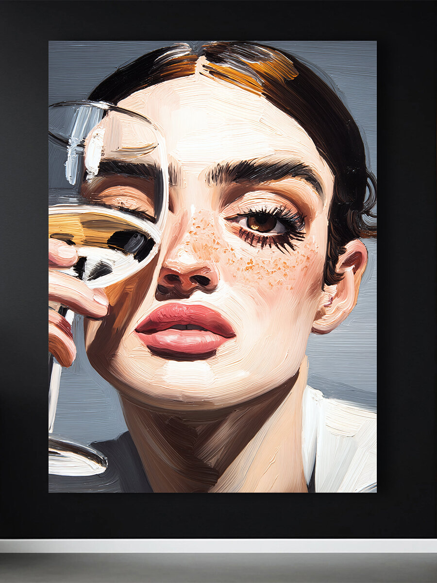 Картина интерьерная - "Абстрактное лицо девушки с болкалом вина, минимализм, масло" , 40х60 см.