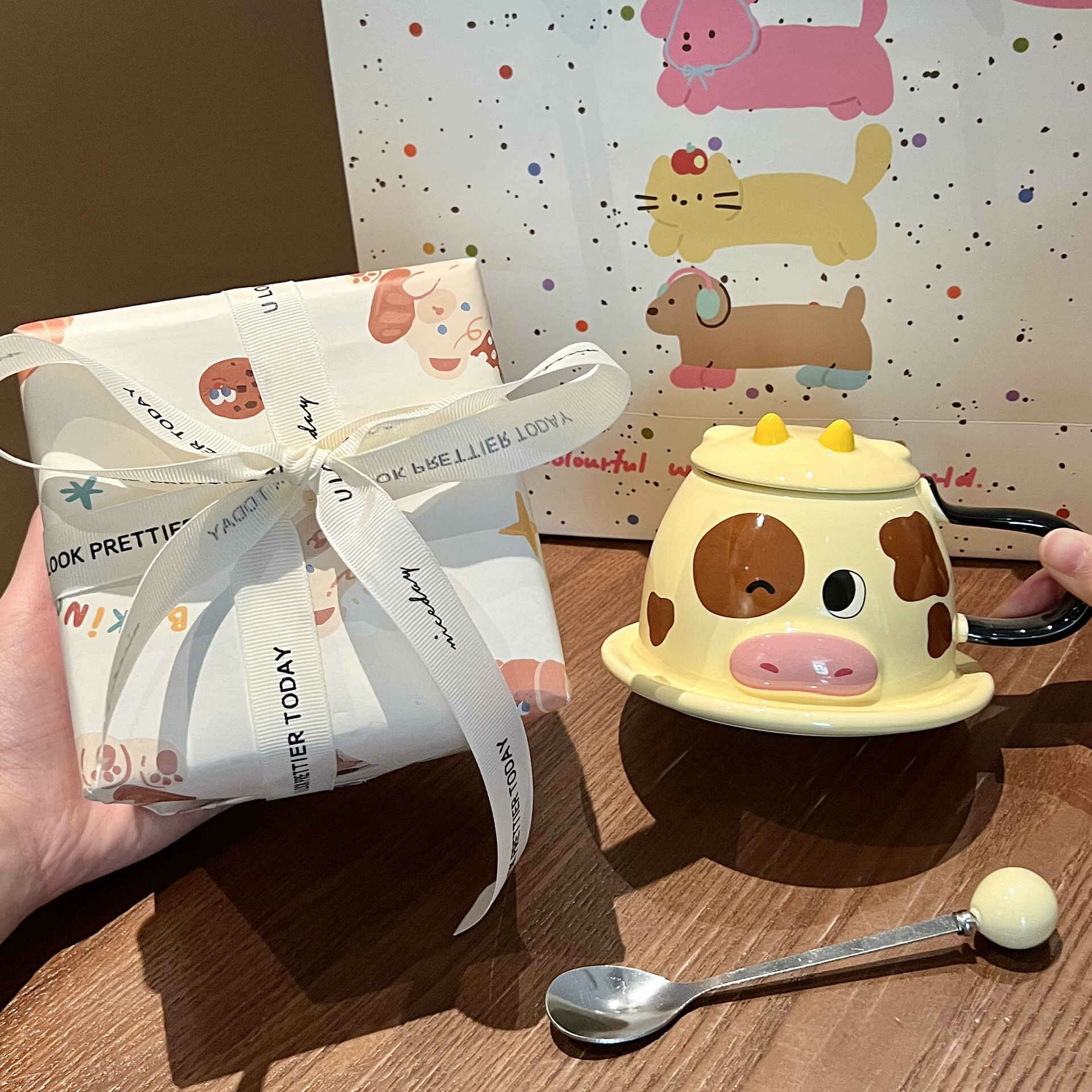 Кружка "Корова", керамика, антикварная, винтажная, с крышкой, блюдцем, 350мл