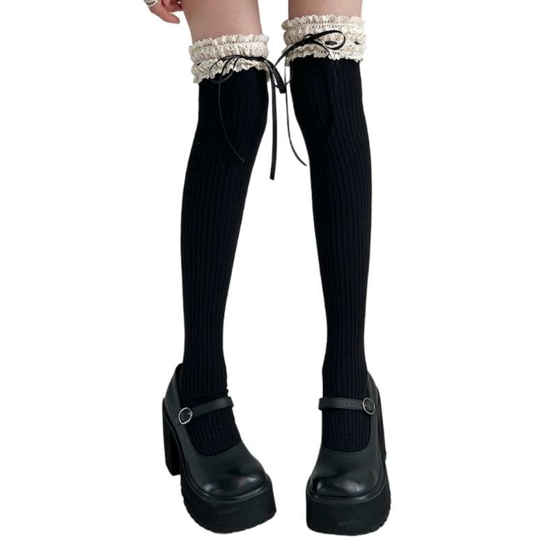 Женские гольфы до колена с бантами и кружевами, Черный