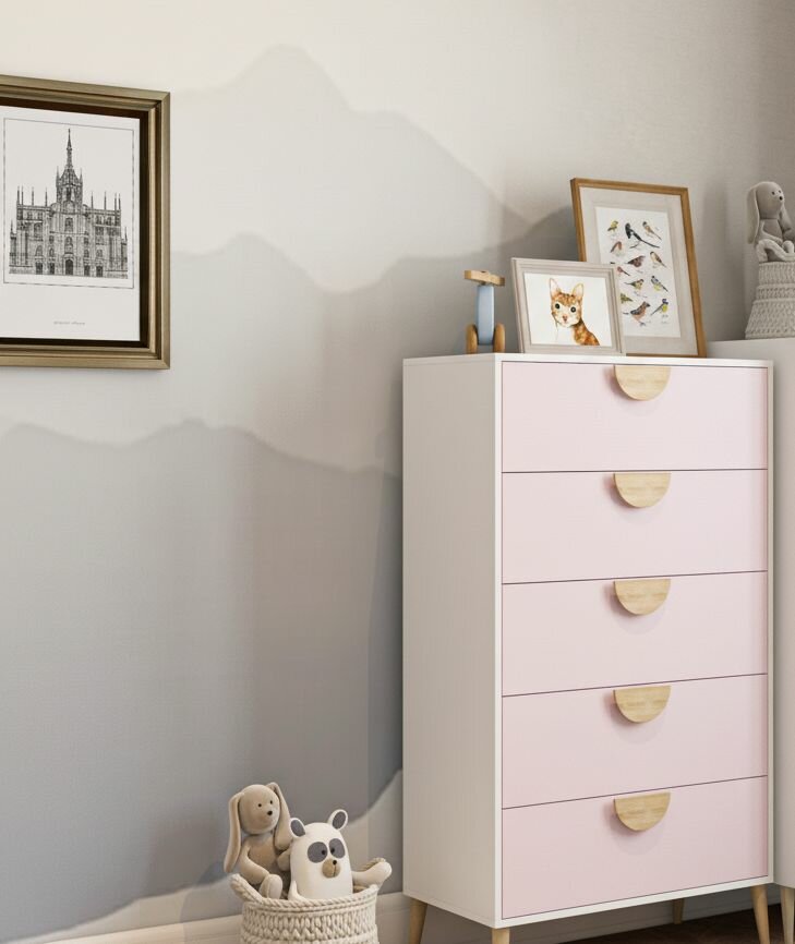 Комод Высокий Модерн 5 ящиков Белый/Розовый, ручки дерево