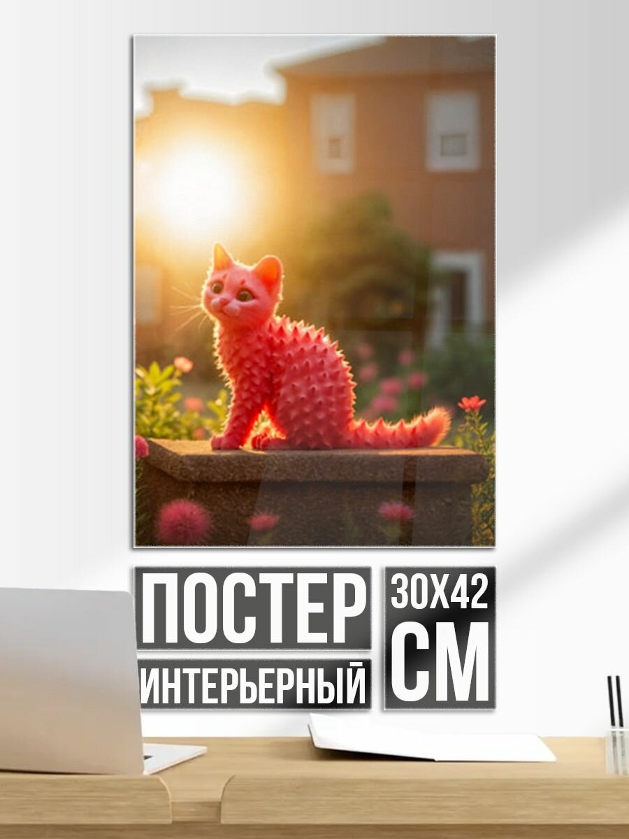 Постер на стену Арбузный кот сидит среди цветов