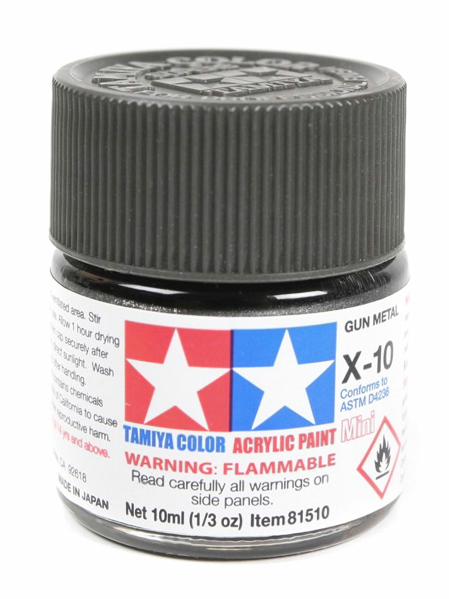 Краска акриловая Tamiya Color X-10 Gun Metal 81510 оружейный глянцевый металлик, 10 мл