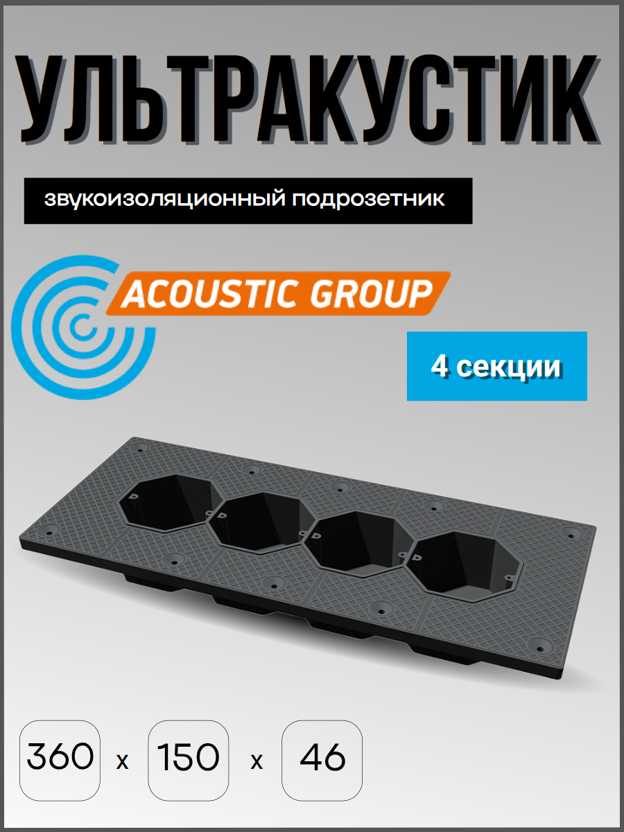 Звукоизоляционный подрозетник Acoustic Group "Ультракустик", 4-секционный, серый