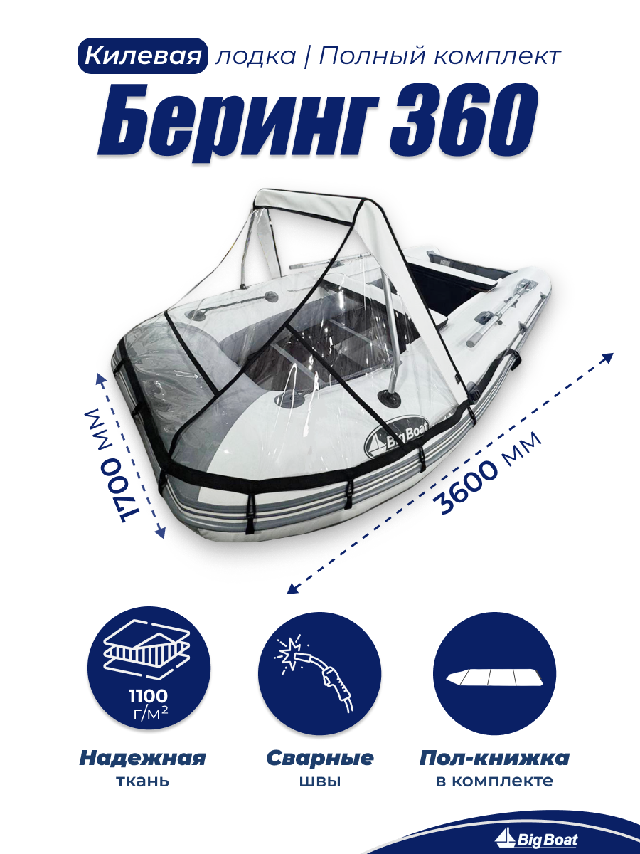 Надувная лодка в полной комплектации (носовой тент, мягкие накладки) из ПВХ для рыбалки Bering (Беринг) 360к, пол-книжка