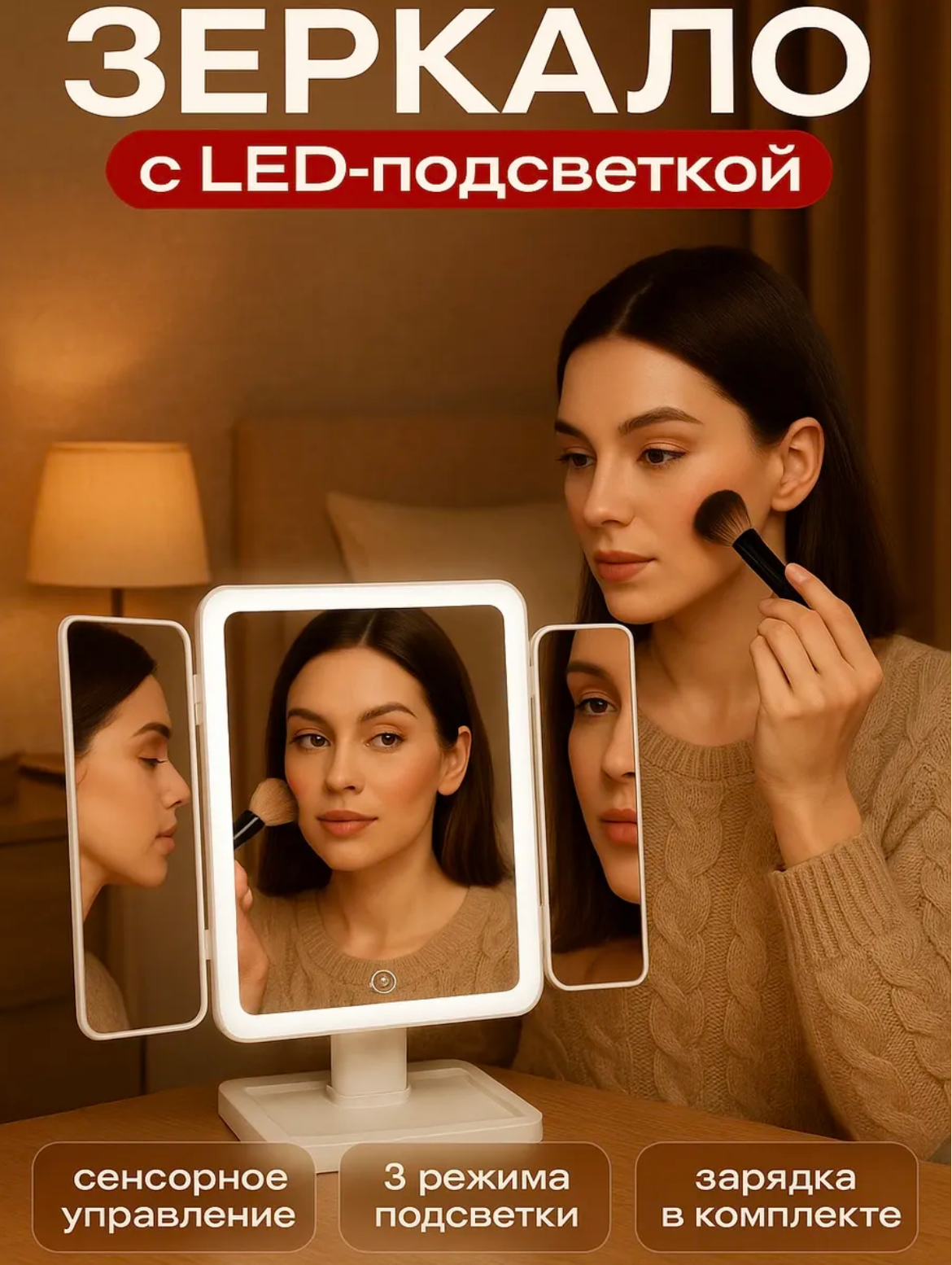 Зеркало с LED-подсветкой, настольное, сенсорное управление, встроенный аккумулятор, 3 режима