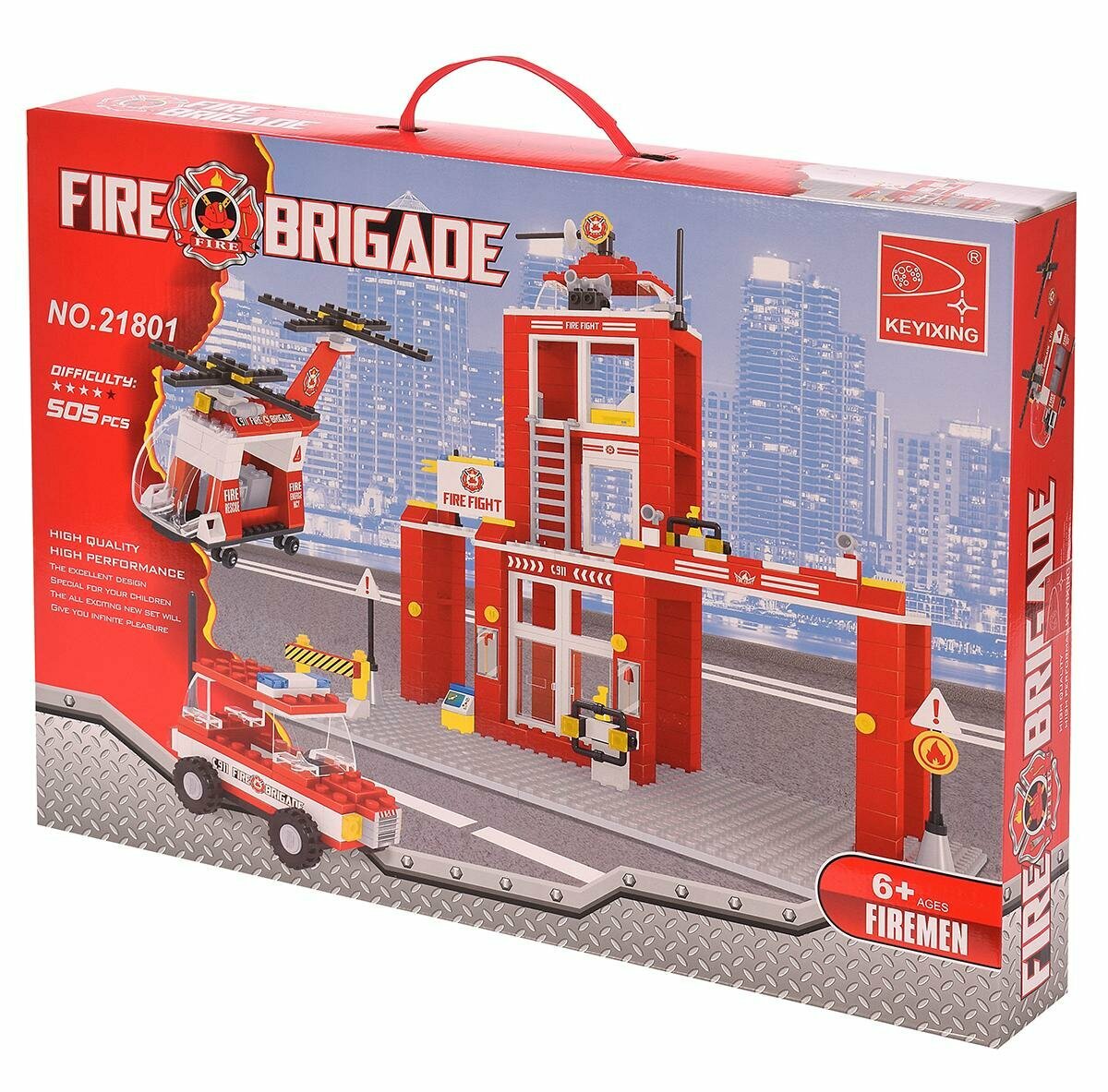 Конструктор блочный "Пожарная бригада" 505 деталей, красный, для детей от 6 лет