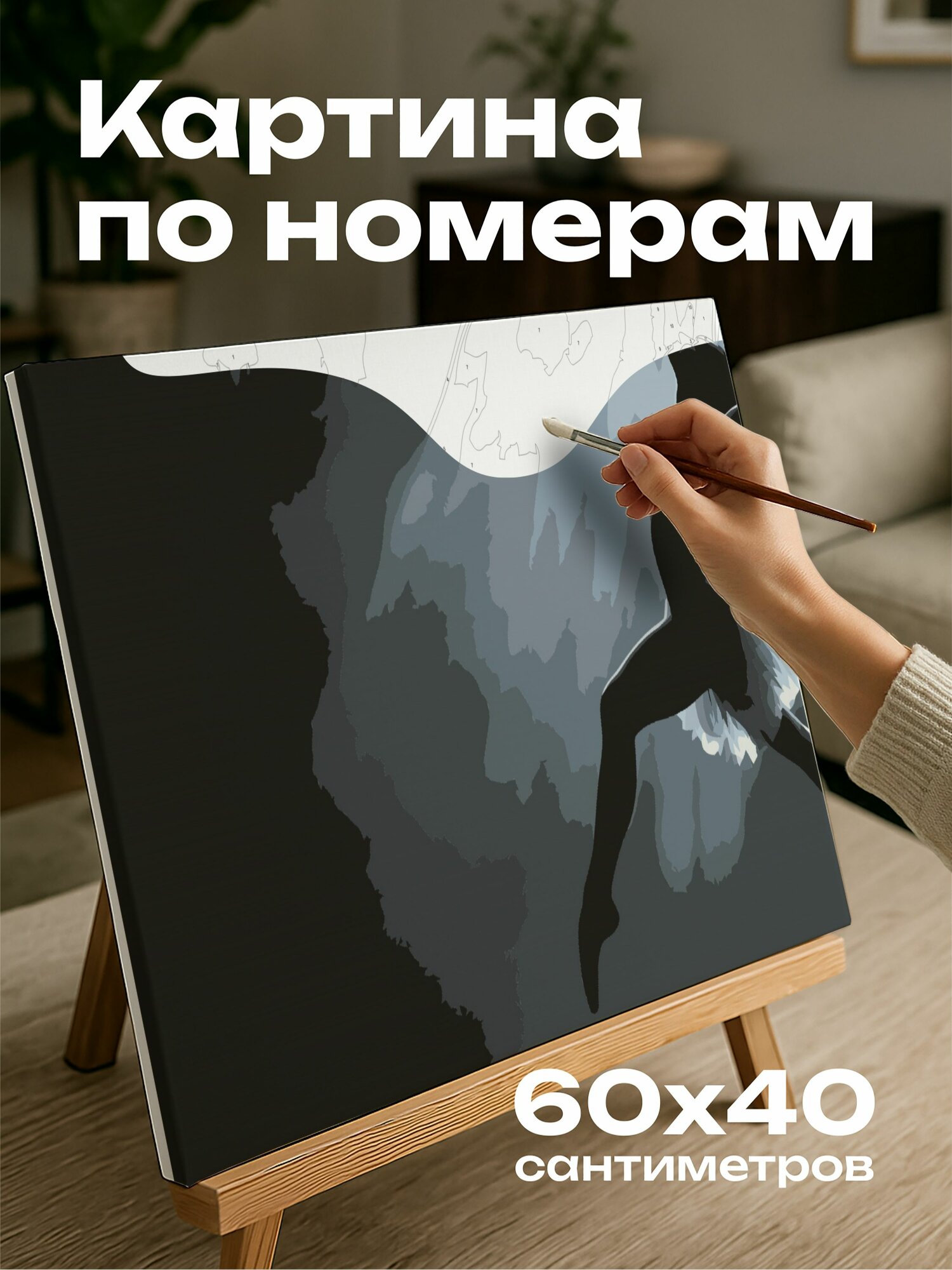Картина по номерам 60x40 см, танцовщица, балет, сцена, прожектор, прыжок, грация, монохром, драматичный, лицо, линии
