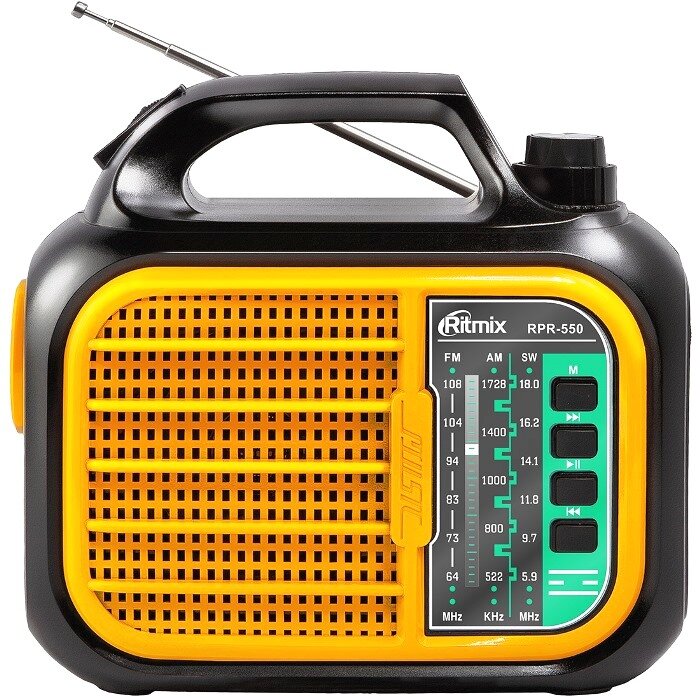 Радиоприемник Ritmix RPR-550 5 Вт, usb microSD FM, AM, SW, аккумулятор. фонарик, солнечные батареии, чёрно-; жёлтый