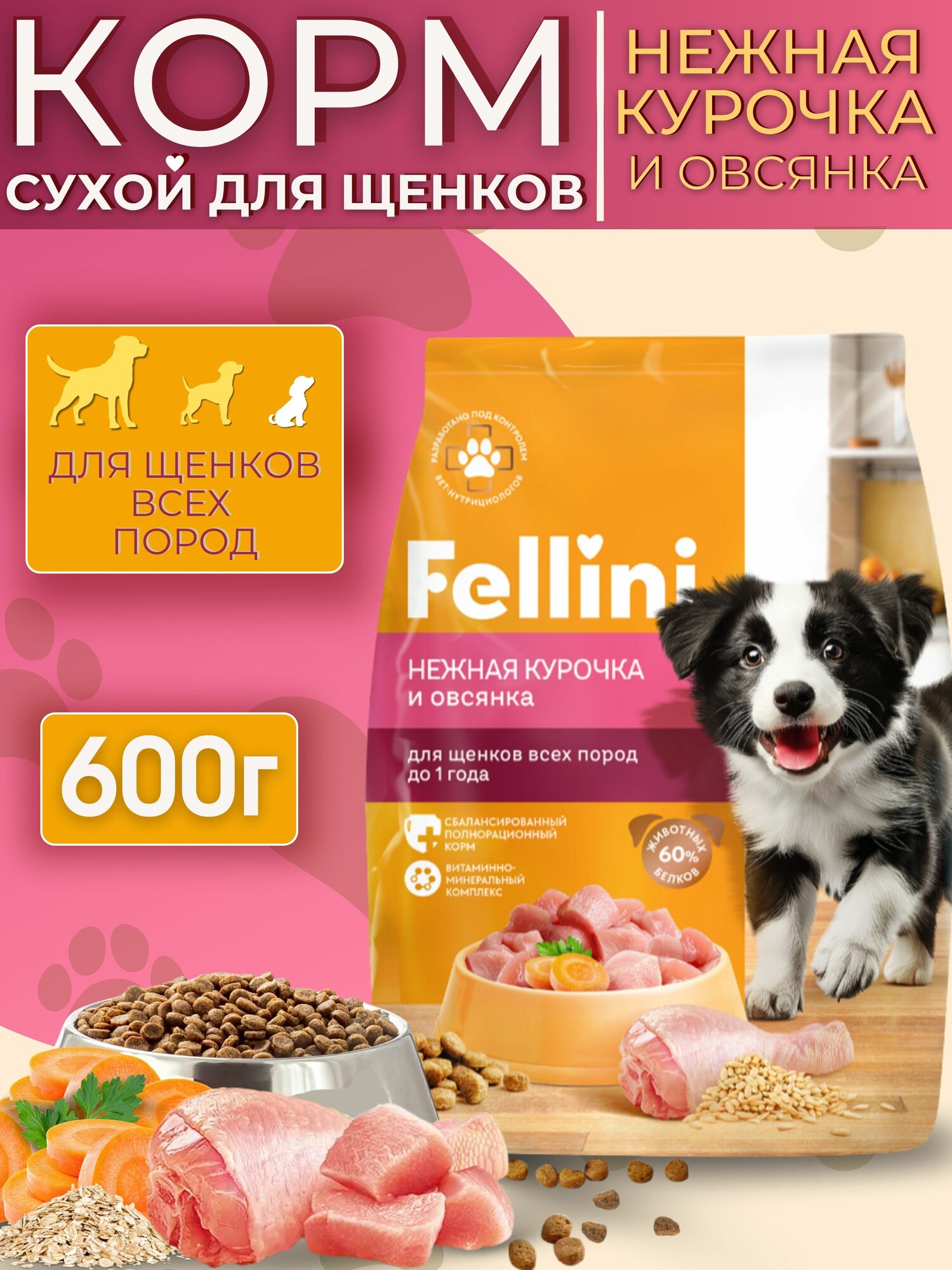 Fellini Корм сухой полнорационный для щенков собак всех пород с нежной курочкой и овсянкой 0,6 кг(4) ТУ
