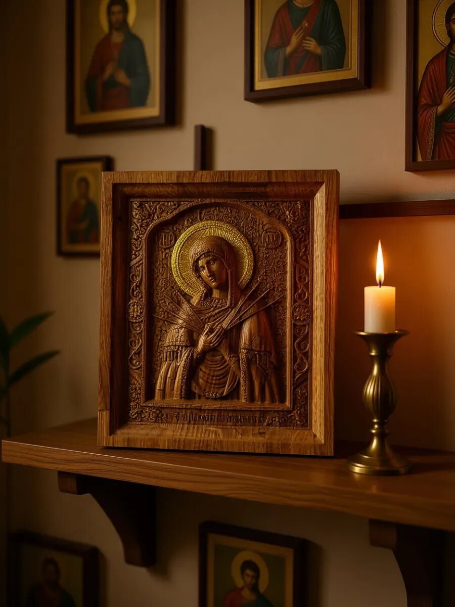 Освященная Икона Семистрельной Богородицы резная из дуба