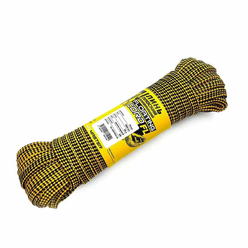 Линь плавающий плоский 14мм Floating Cord FL SAILMASTER, желто/черный, 900 кгс, 25 м