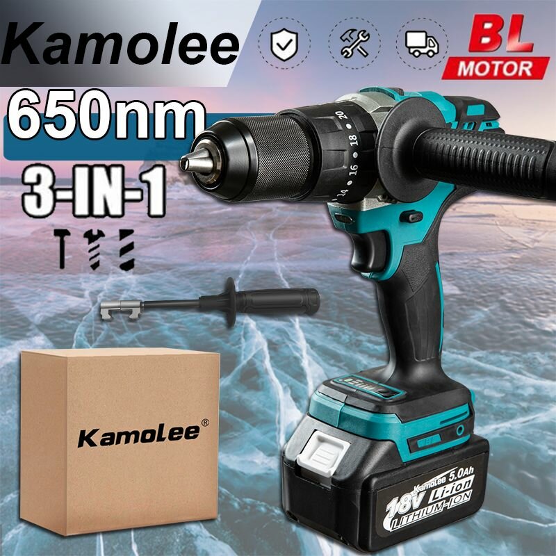 Kamolee13mm Электроударное бурение, бесщеточный двигатель, 650N. М крутящий момент, содержит вспомогательную ручку, может бурить лед (без батареи)