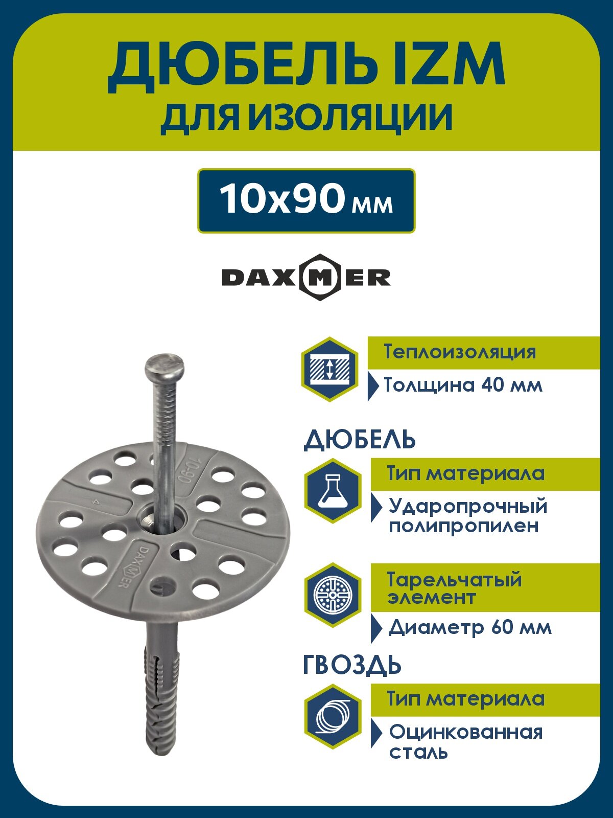 Дюбель для изоляции 10х90 Daxmer с металлическим гвоздем (50 шт)