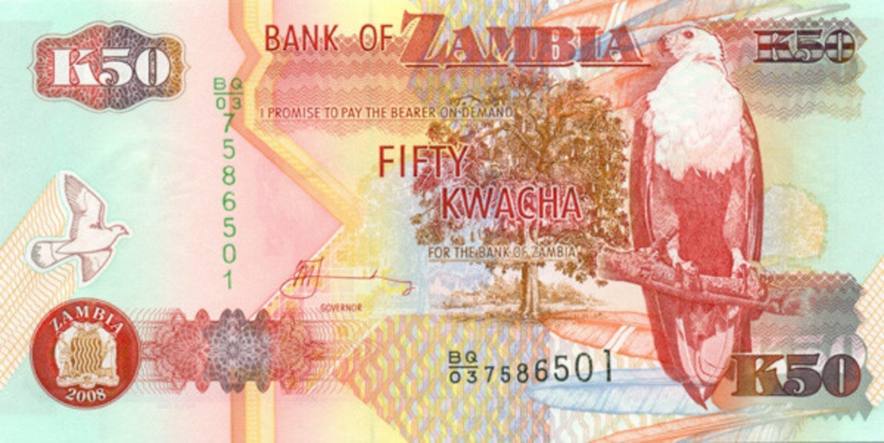 Банкнота номиналом 50 квача Замбии 1992-2010 года. Состояние UNC Р-37 (34196)
