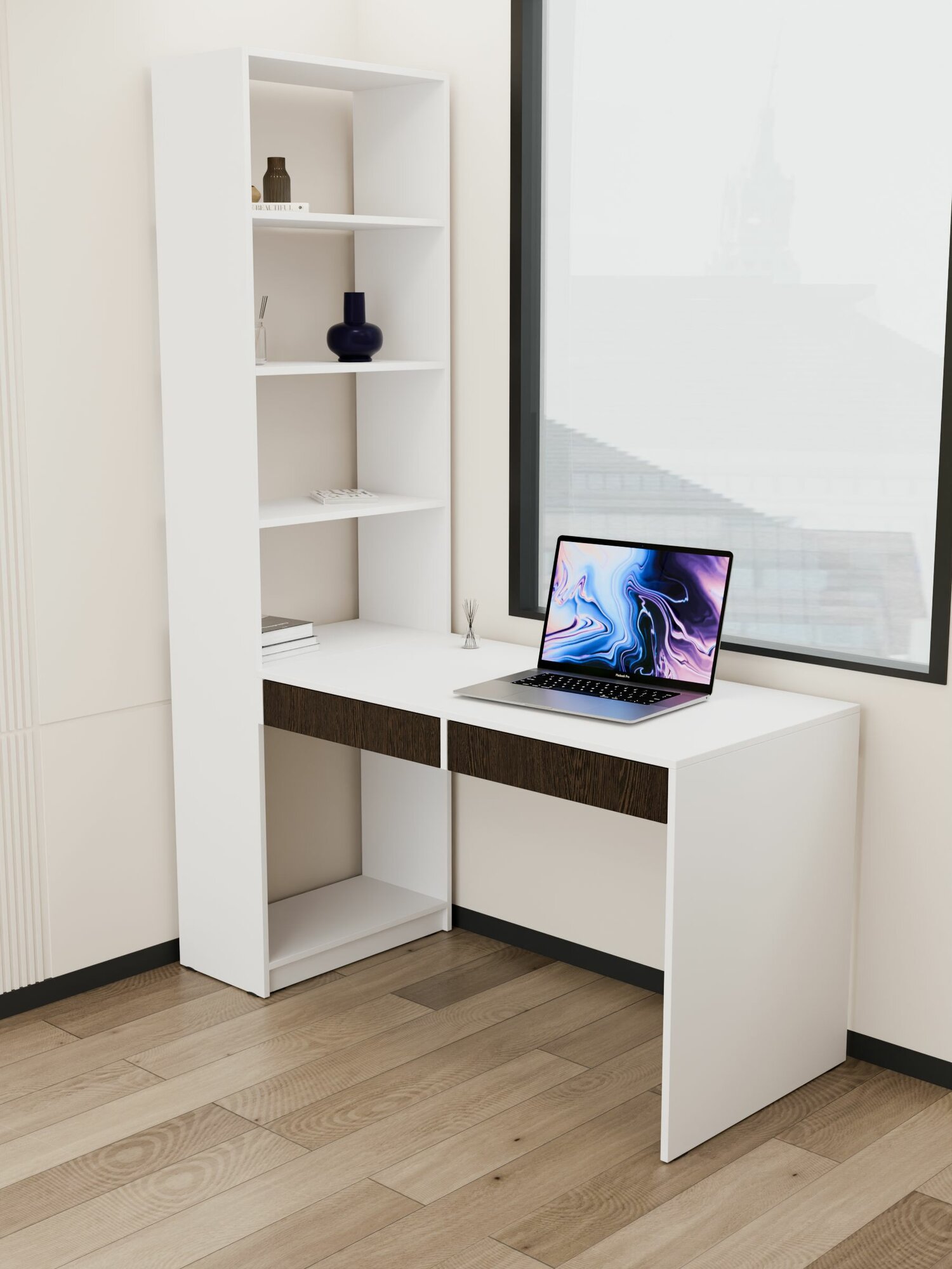 Изумлит Стол-стеллаж письменный угловой для учебы и работы Джокер, стеллаж слева 200х59.2х140 см, белый-венге