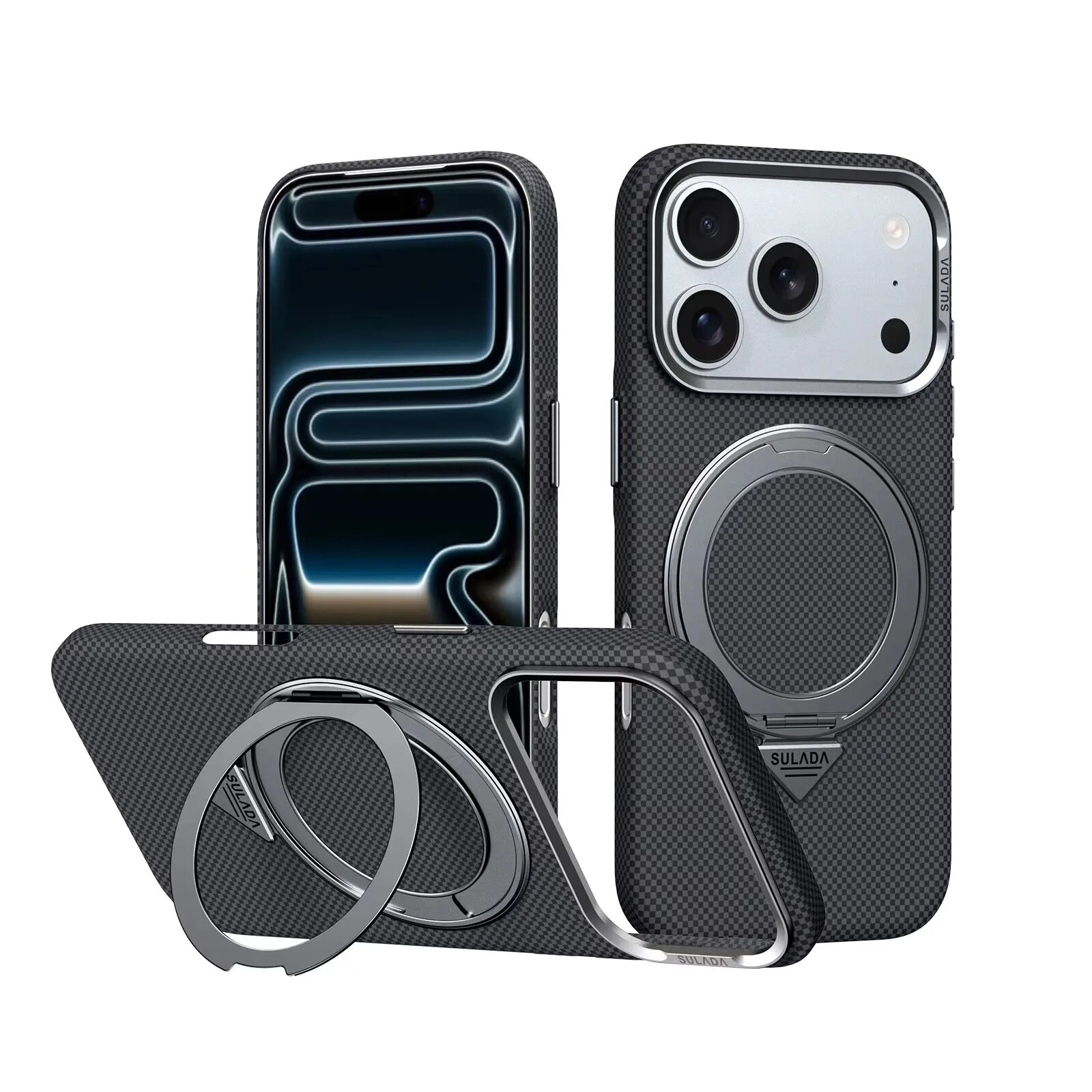 Черный кевларовый чехол для iPhone 17 Pro/Pro Max с кольцом
