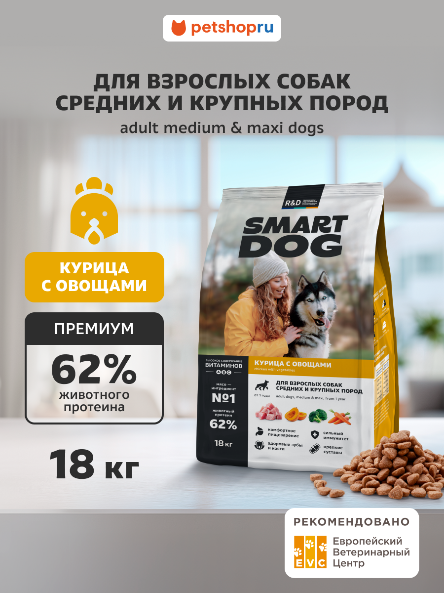 Smart Dog Сухой корм для взрослых собак средних и крупных пород с курицей adult medium&maxi, chicken, 18 кг