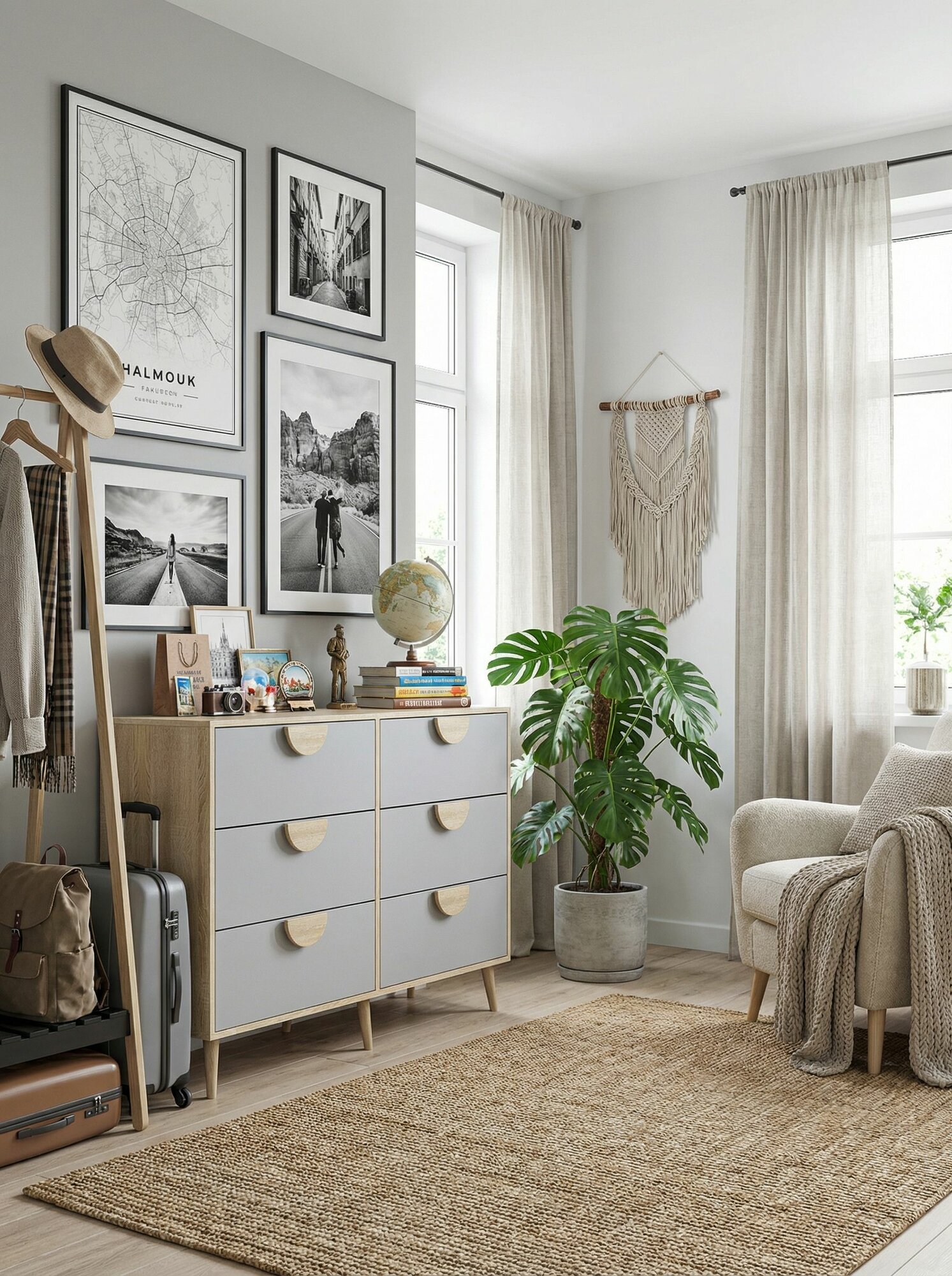 Комод большой Модерн 6 ящиков серый, деревянные ручки, корпус дуб Сонома