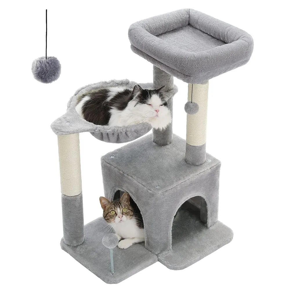 Кошачий домик с гамаком 75 см для кошек, серый цвет, с когтеточкой и игрушкой