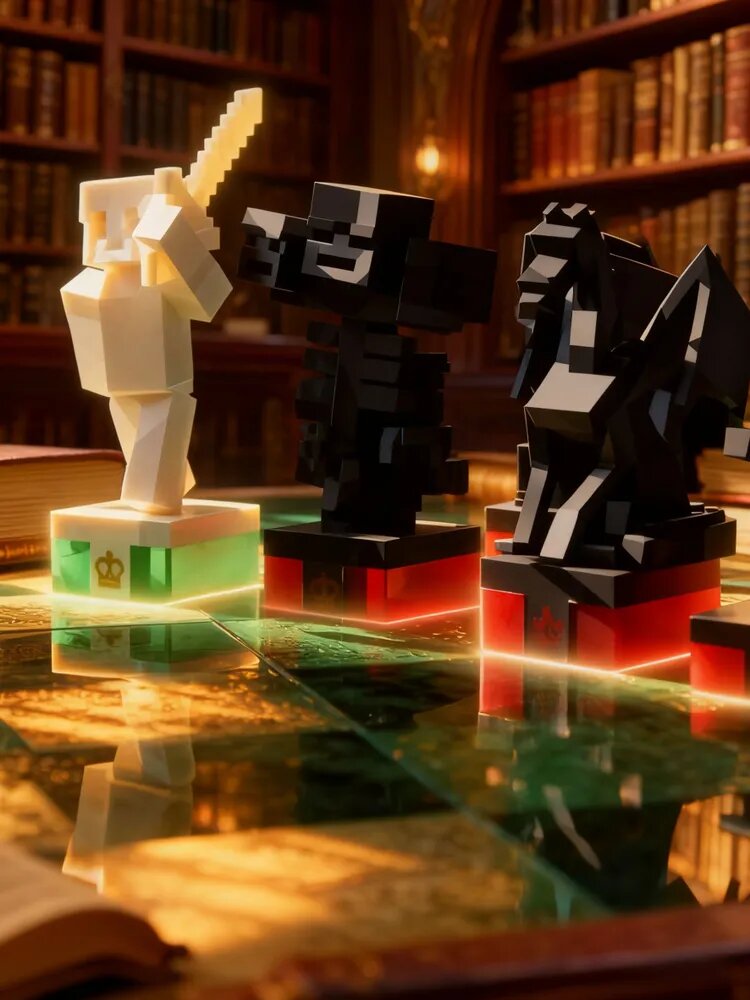 Шахматный набор Minecraft - Коричневая шахматная доска с пластиковыми фигурами, для детей и взрослых — фото 1